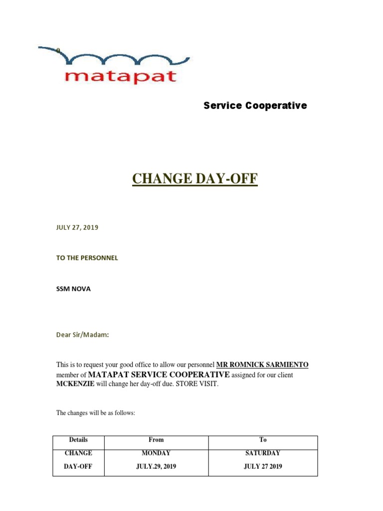 Change of Day-Off Request for Employee | PDF