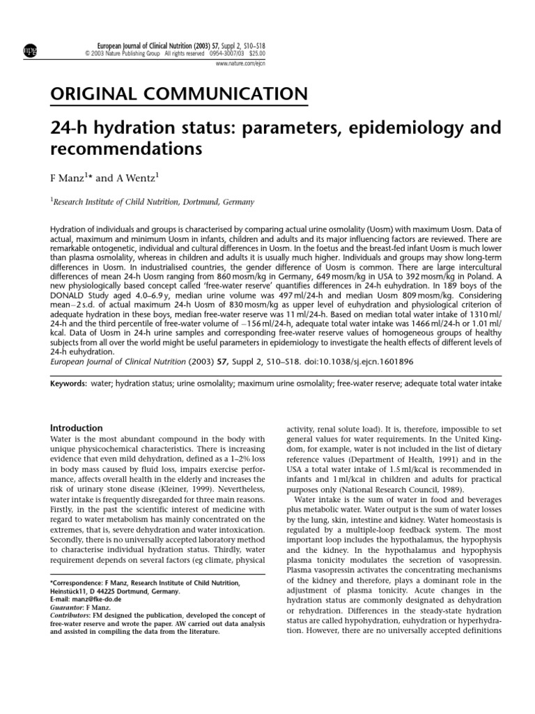 Characterizing 24-Hour Hydration Status Through Urine Osmolality and ...
