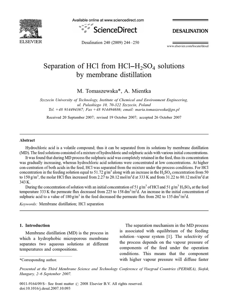 Separation of HCl-H2SO4 by MD | PDF | Hydrochloric Acid | Acid