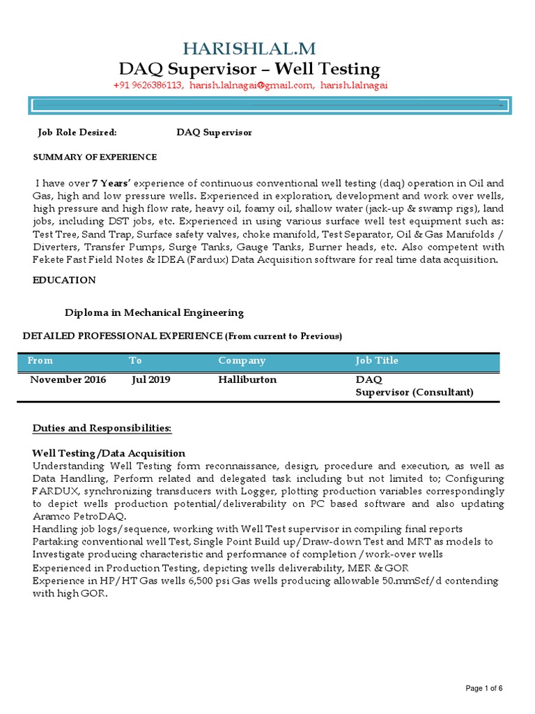 DAQ Supervisor - Well Testing: Harishlal.M | Download Free PDF | Oil ...