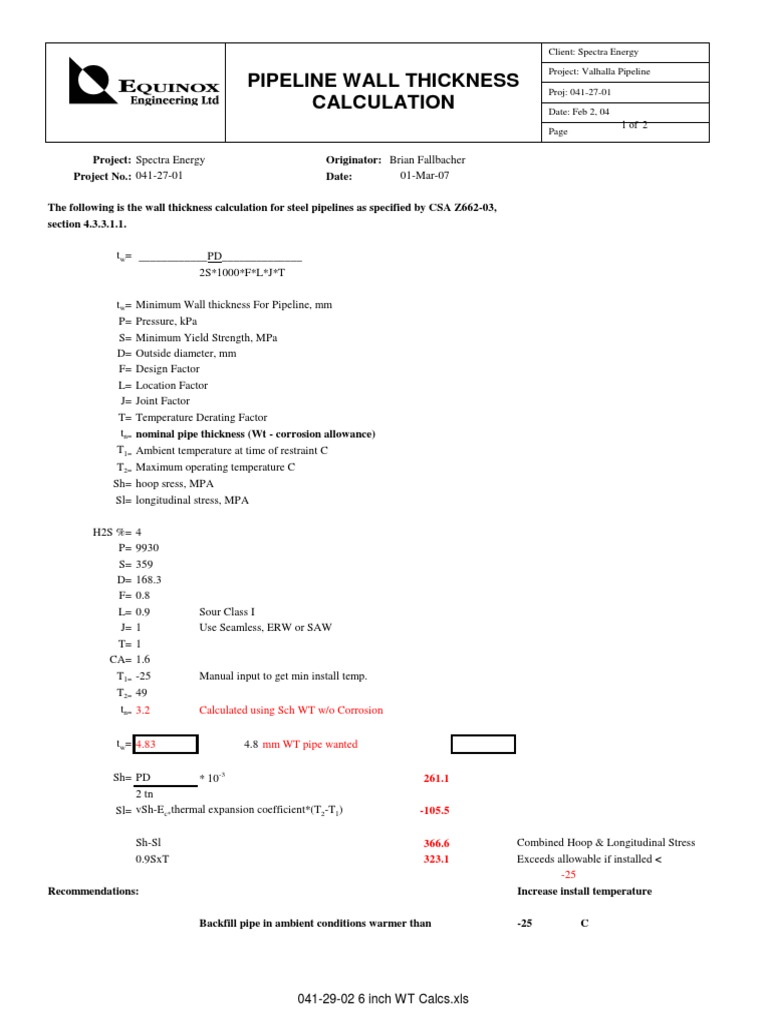 Pipeline Wall Thickness Calculation: 3.2 Calculated Using SCH WT W/o ...