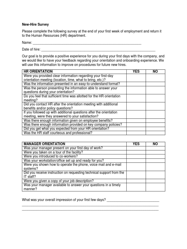 New Hire Survey | Download Free PDF | Human Resources | Employment