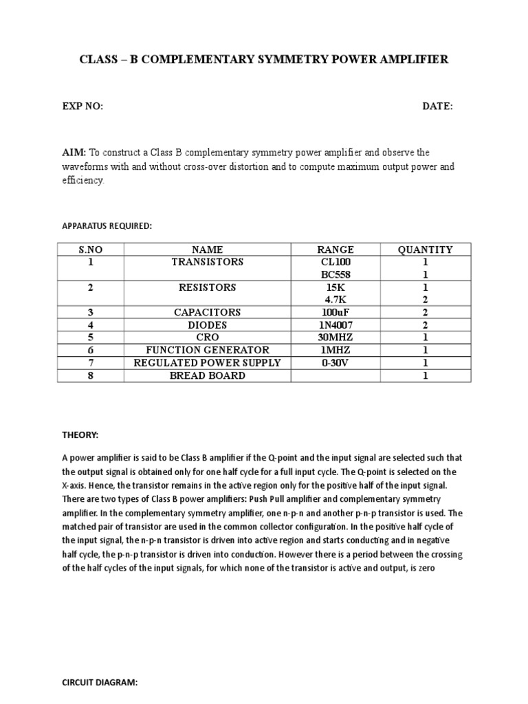Class - B Complementary Symmetry Power Amplifier | PDF | Amplifier | Distortion