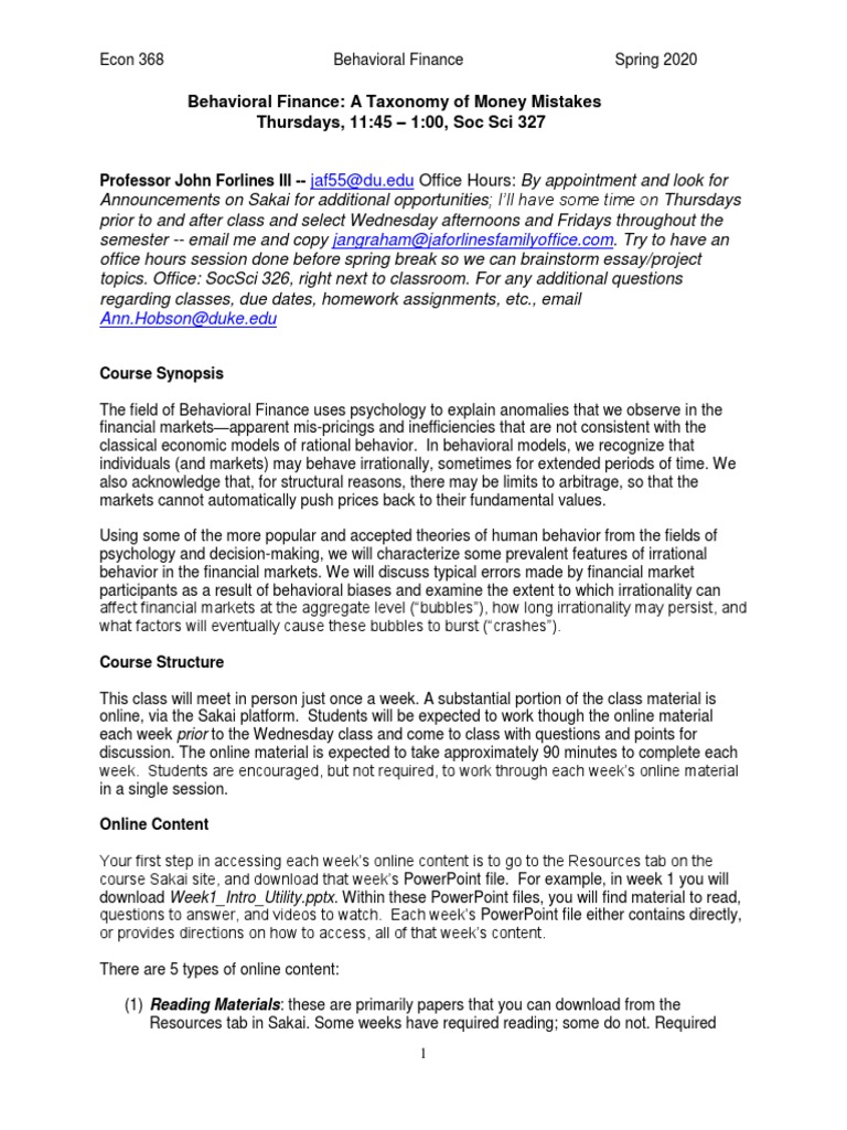 Econ368 Syllabus S19.1.10 | PDF | Behavioral Economics | Bias
