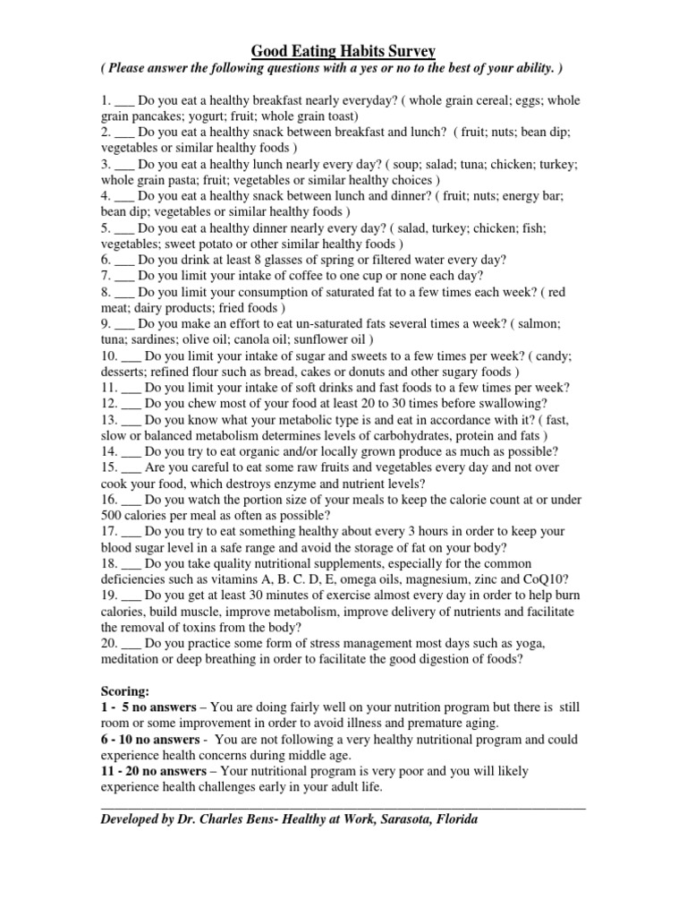Good Eating Habits Survey: (Please Answer The Following Questions With ...