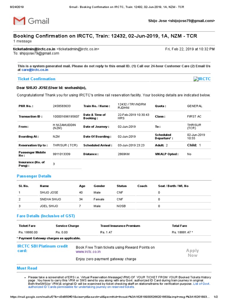 Gmail - Booking Confirmation On IRCTC, Train - 12432, 02-Jun-2019, 1A ...