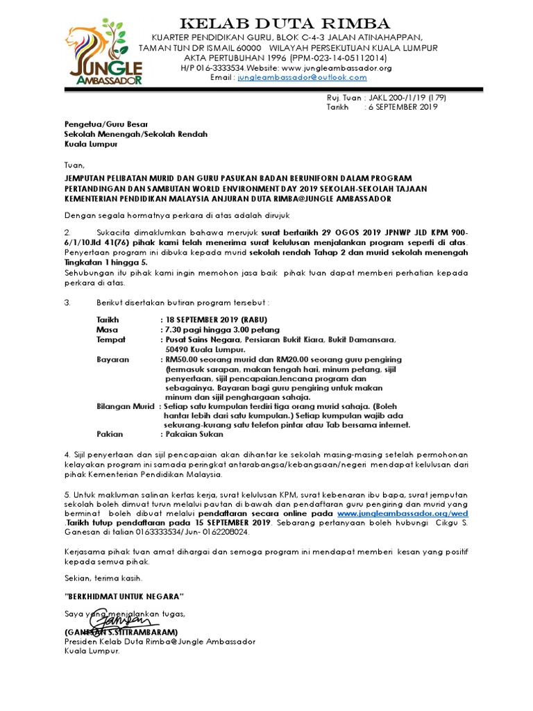 Surat Kepada Guru Besar Dan Pengetua Sekolah JPNWP | PDF