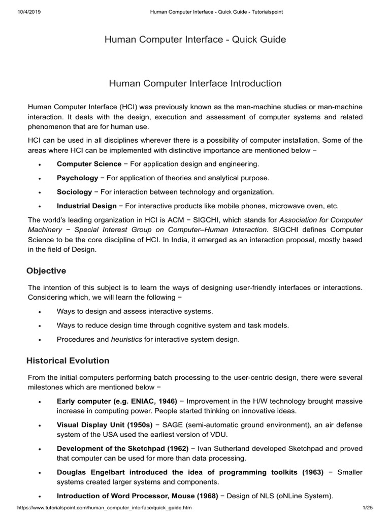 Human Computer Interface - Quick Guide - Tutorialspoint | PDF | Usability | Human–Computer ...