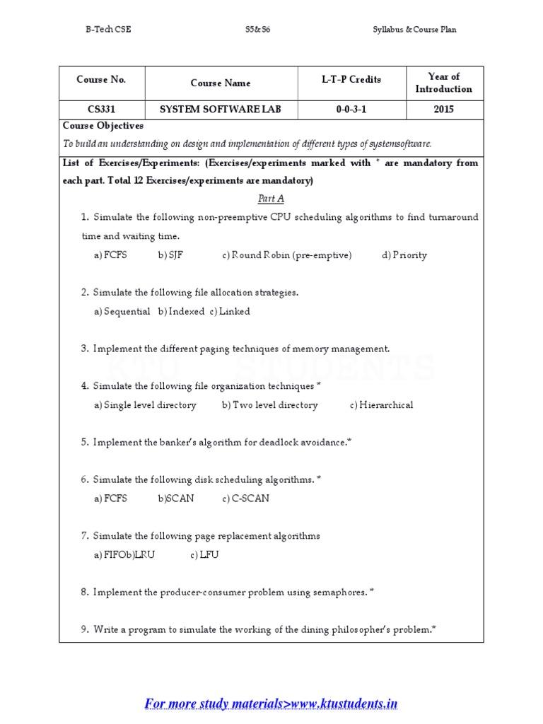 Cs331 System Software Lab Cse Syllabus Semesters 5 Pdf Assembly Language Scheduling
