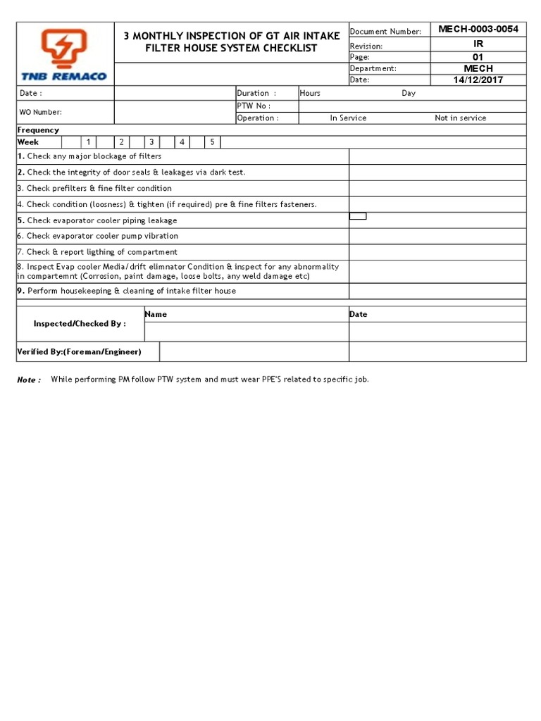17 - Check Sheet of GT Air Inlet Filter House Inspection | PDF ...