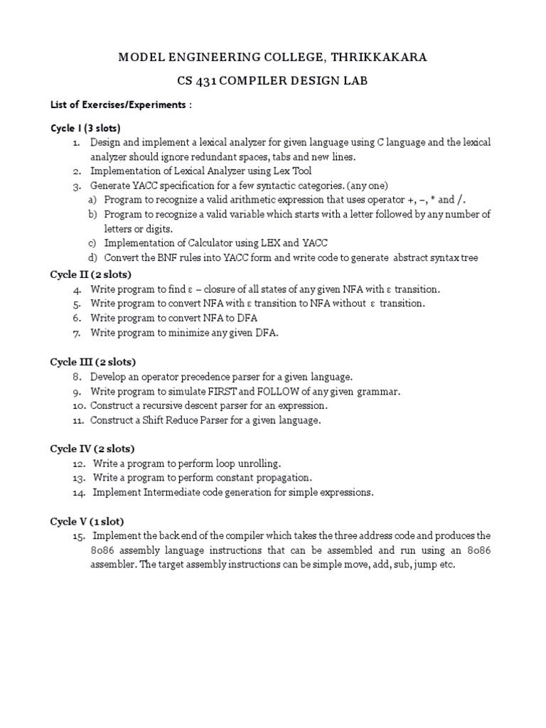 Compiler Design Lab Cycle | PDF | Parsing | Compiler
