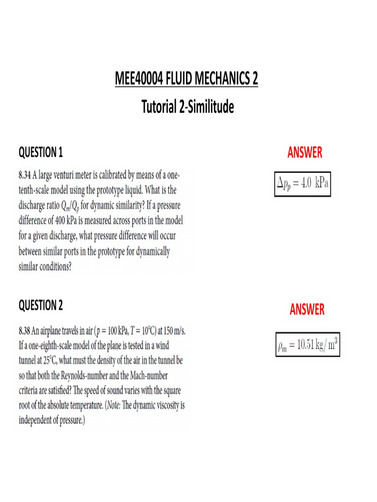 Mee40004 Fluid Mechanics 2 Tutorial 2 Similitude: Question 1 | PDF
