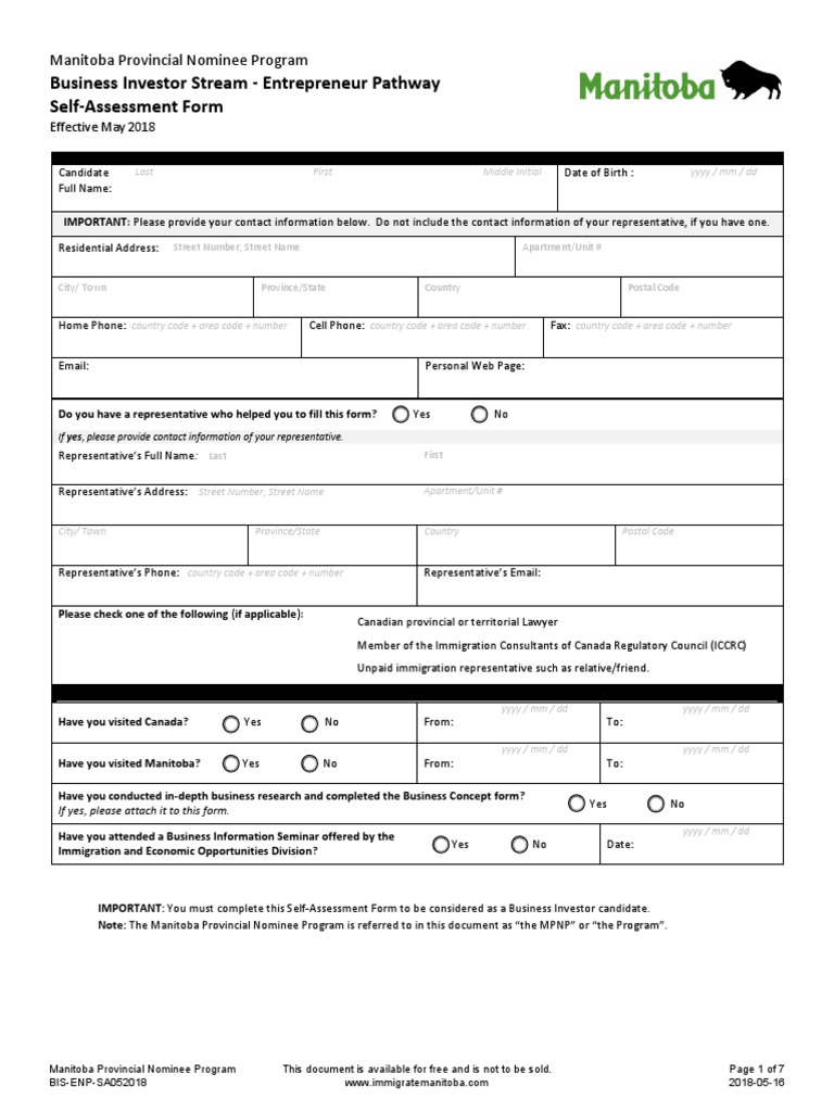 Self-Assessment Form - Manitoba Provincial Nominee Program - Business ...