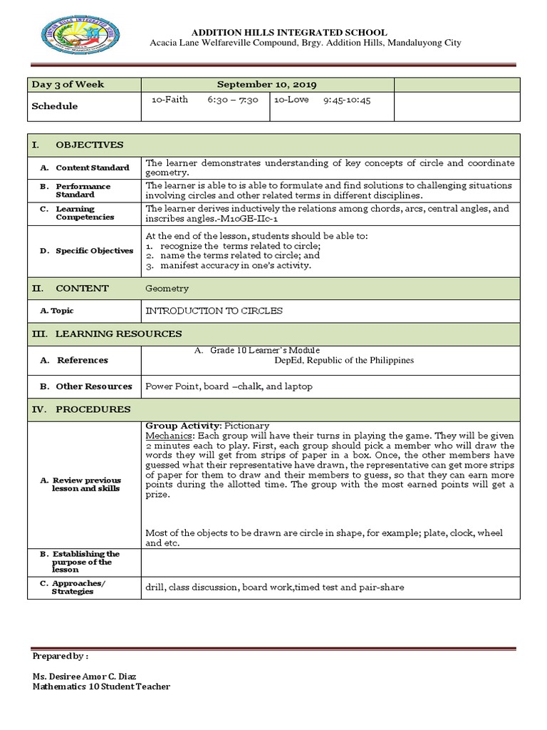 Addition Hills Integrated School: A. Content Standard B. Performance ...