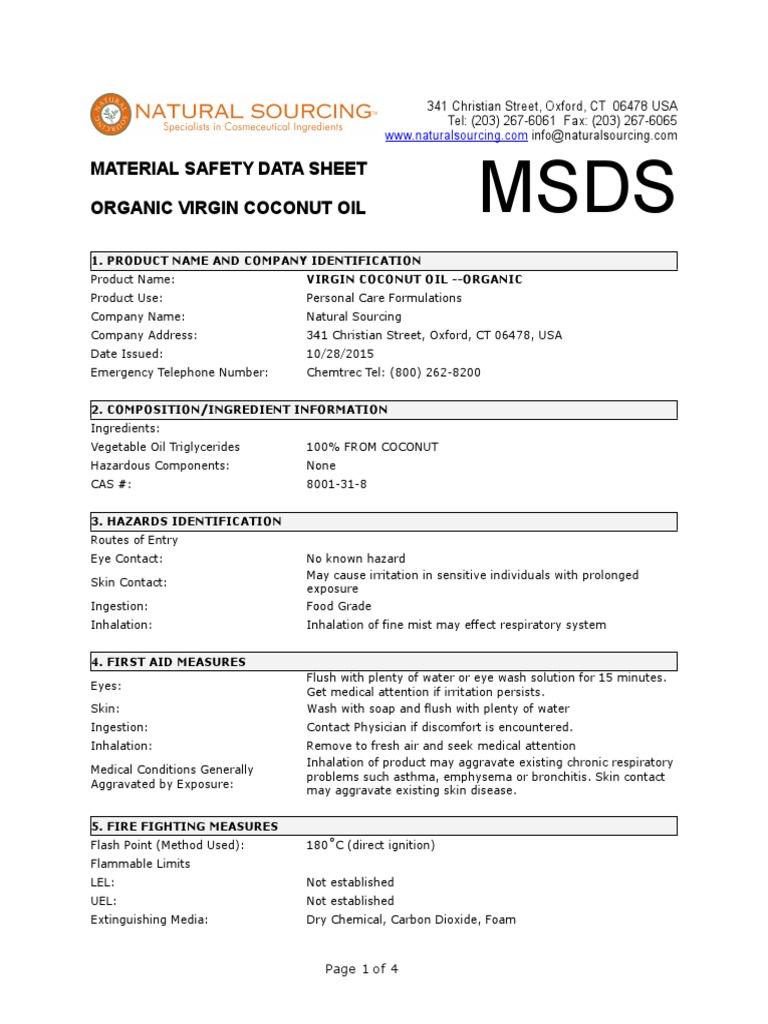 Coconut Oil MSDS and Safety Information | PDF | Dangerous Goods ...