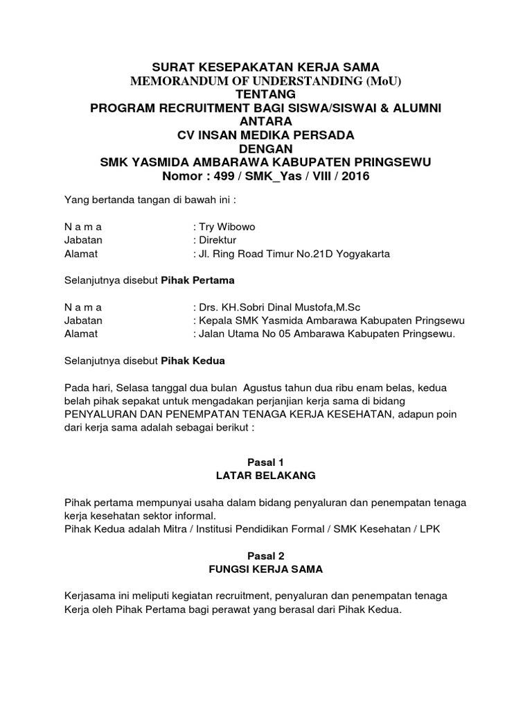 MoU SMK Yasmida Ambarawa CV Insan Medika | PDF