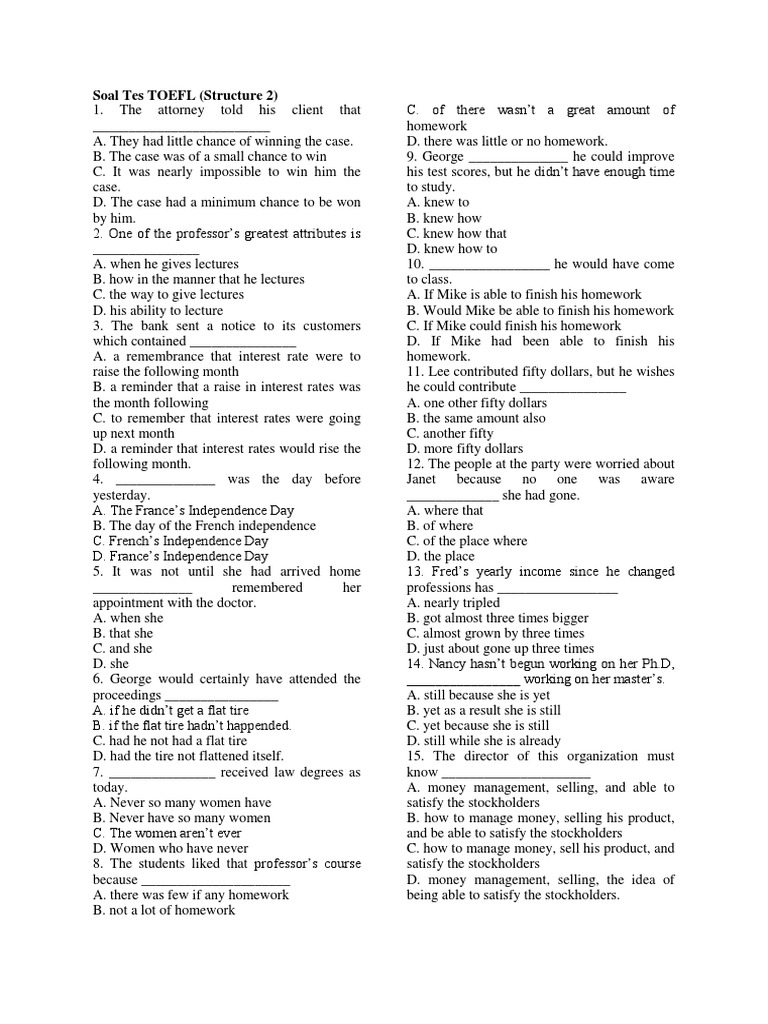 TOEFL Structure Test Questions | PDF