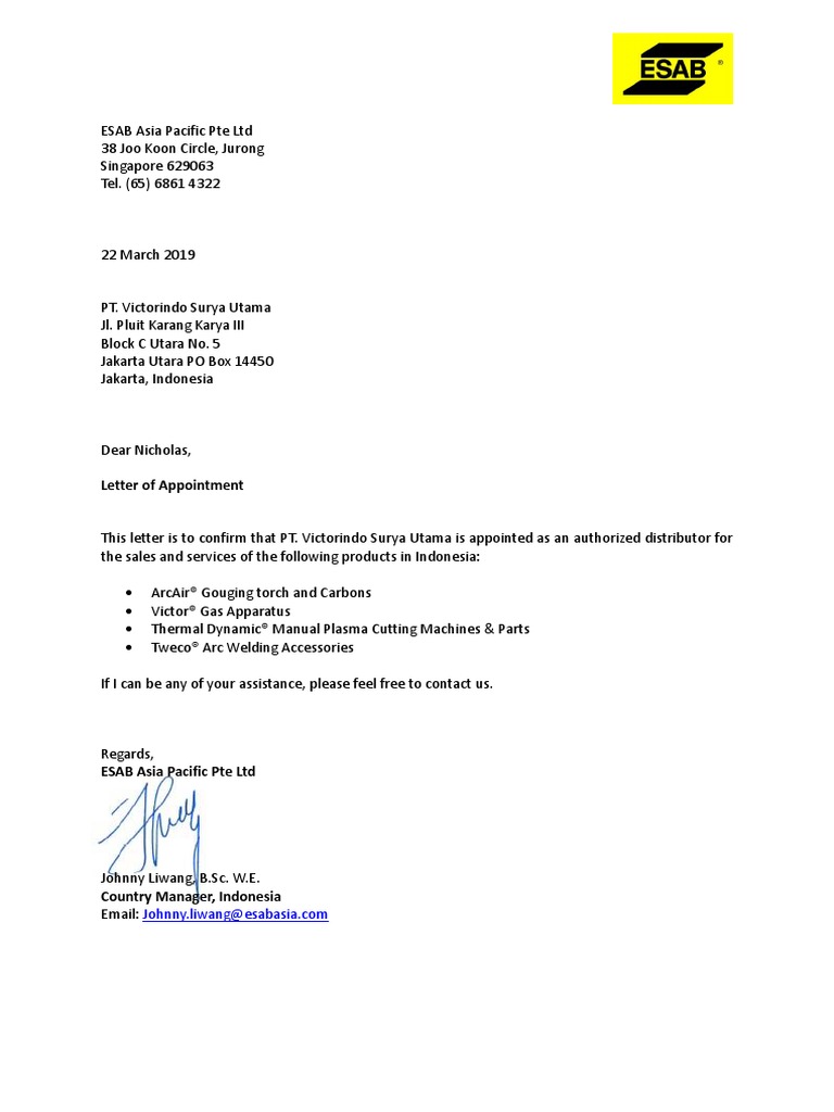 ESAB Letter of Appointment - Victorindo (Surat Keagenan 2019) | PDF ...