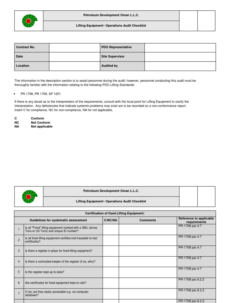 Audit Checklist For Lifting Equipment. Operations 2.13 | PDF | Audit ...