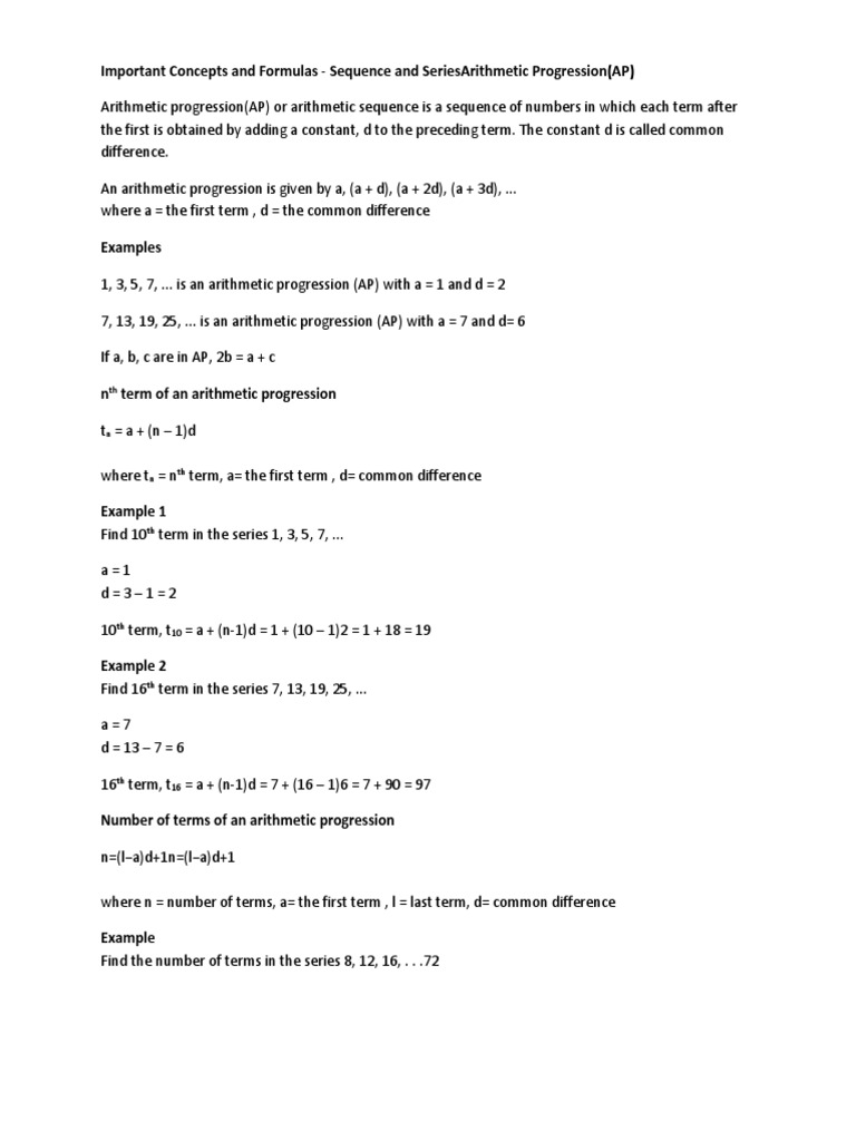 Important Concepts and Formulas Number Series | PDF | Calculus | Arithmetic