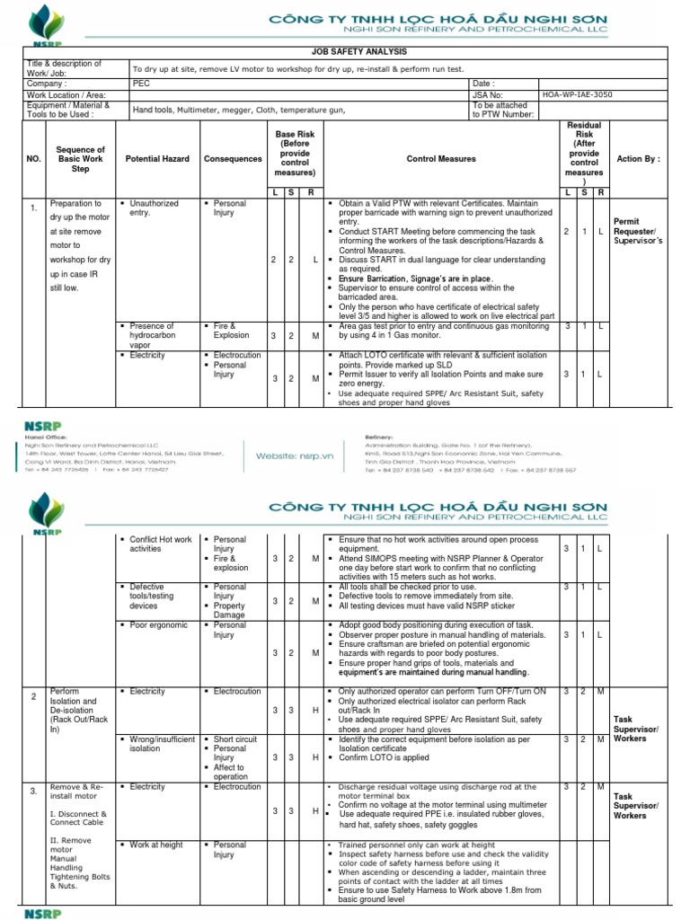 JSA For BM - To Dry Up at Site, Remove Motor To Workshop For Repair, Re ...
