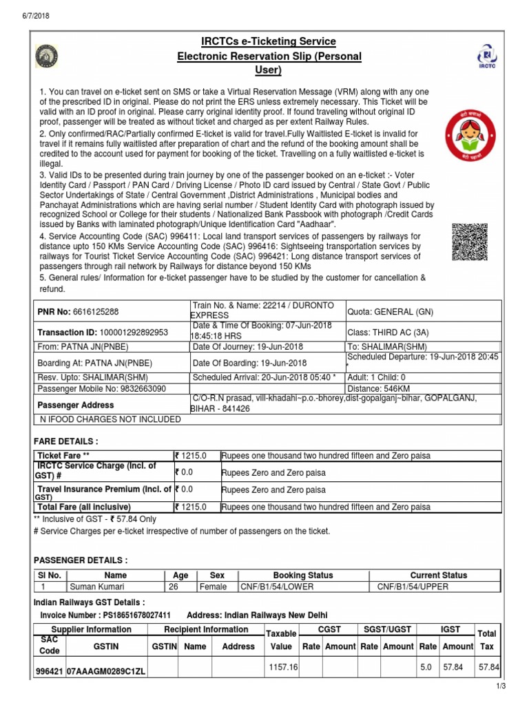 Irctcs E-Ticketing Service Electronic Reservation Slip (Personal User) | PDF | Identity Document ...