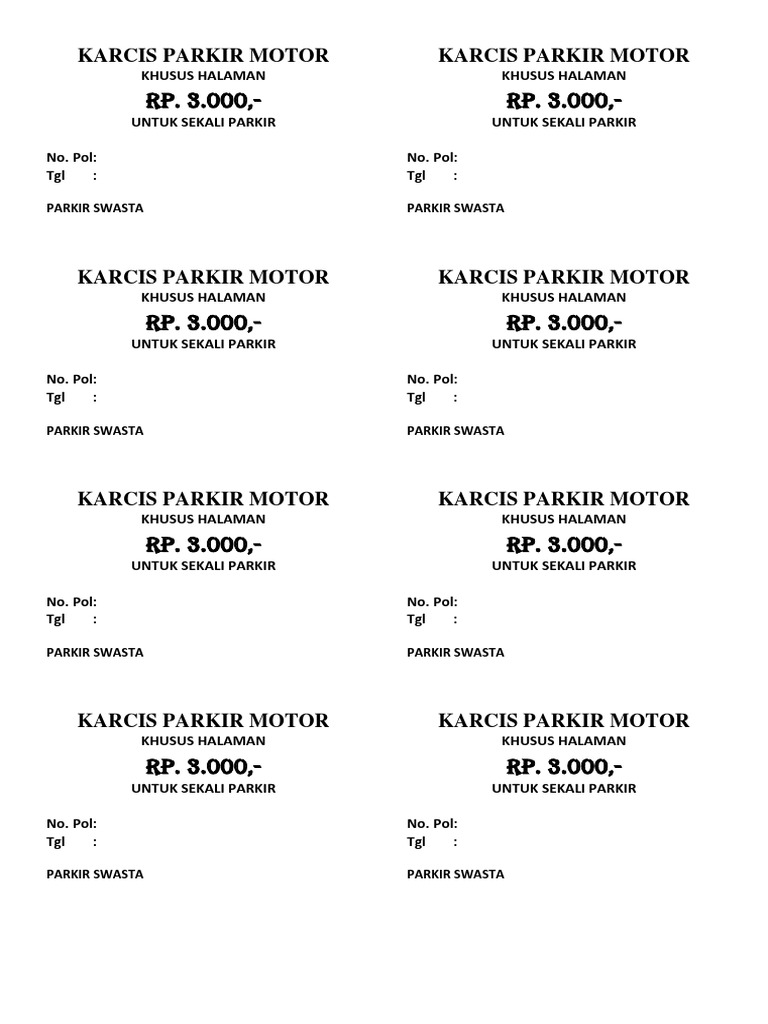 Contoh Karcis Parkir Motor 3.000 IDR | PDF | Bisnis | Griya & Taman