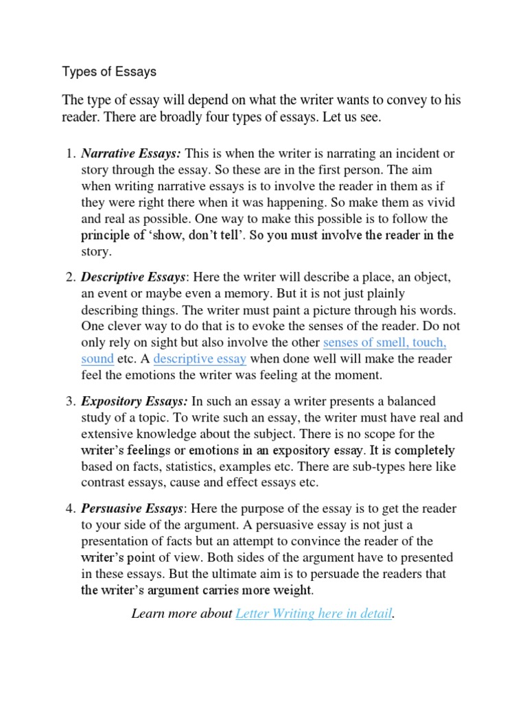 The Type of Essay Will Depend On What The Writer Wants To Convey To His ...