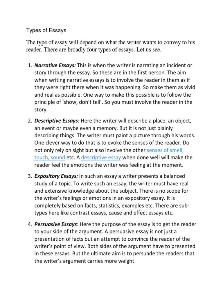 The Type of Essay Will Depend On What The Writer Wants To Convey To His Reader. There Are ...
