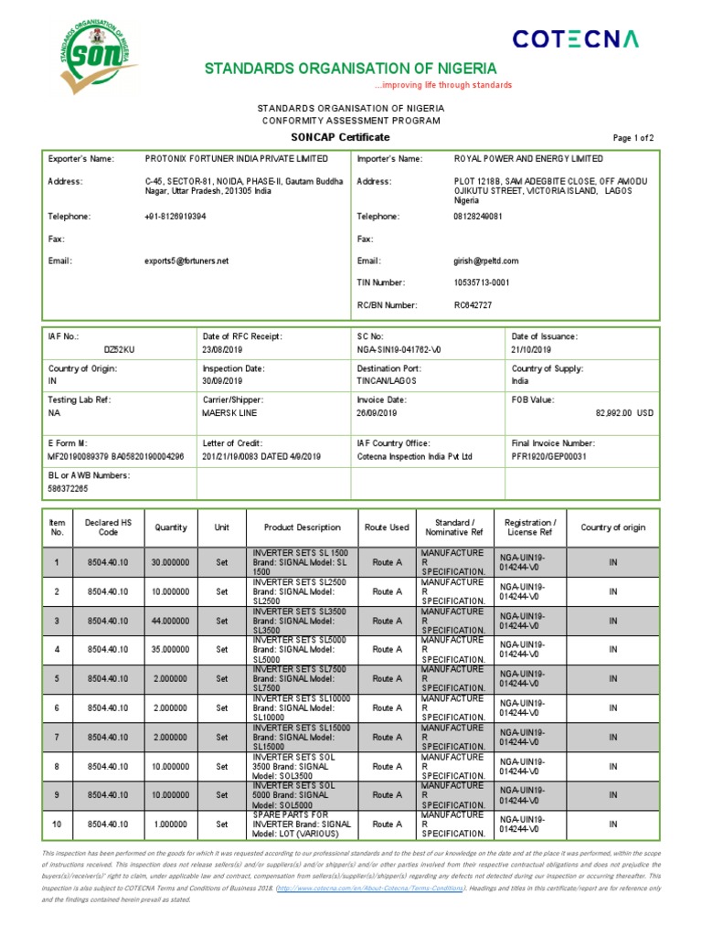 Standards Organisation of Nigeria: SONCAP Certificate | Download Free ...