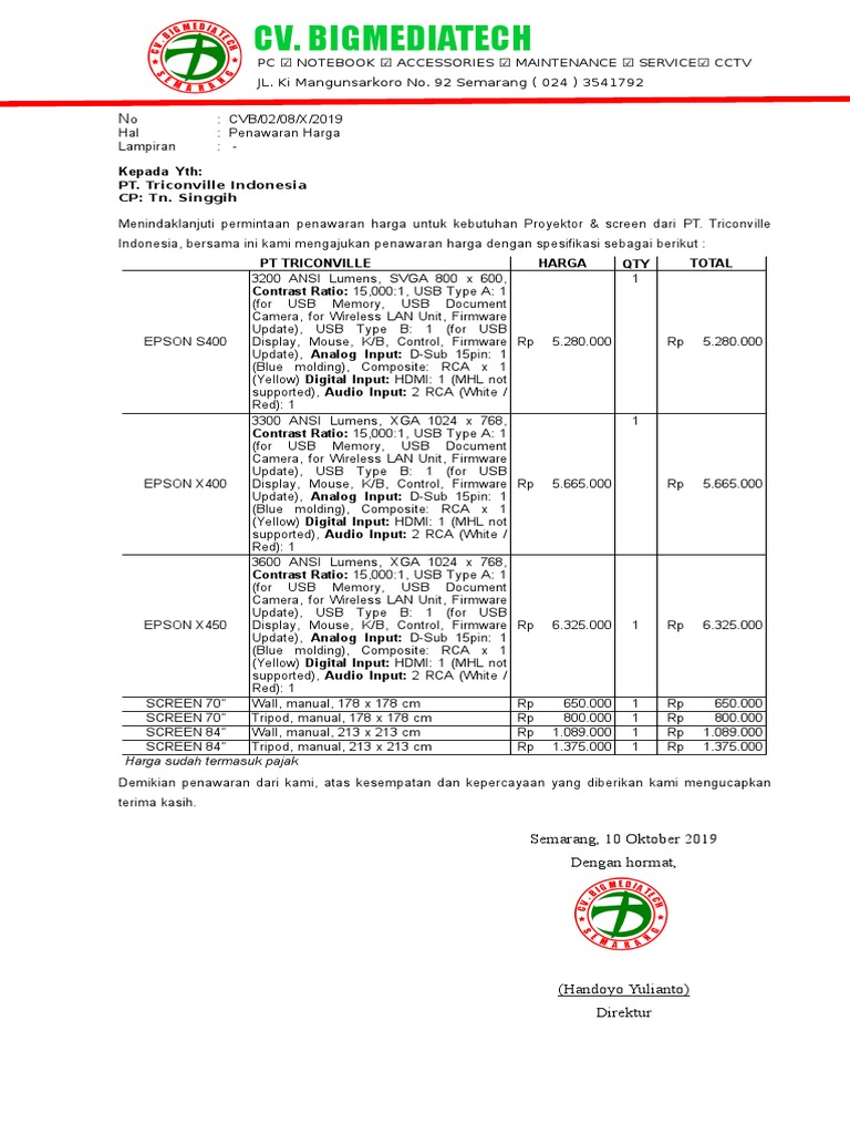 Proposal for Projector and Screen Equipment for PT. Triconville ...