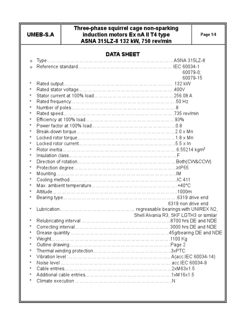 Umeb-S.A Three-Phase Squirrel Cage Non-Sparking Induction Motors Ex Na II T4 Type ASNA 315LZ-8 ...