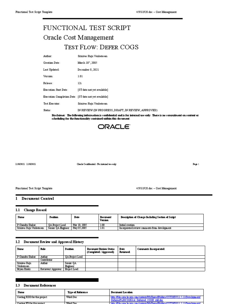 Functional Test Script Oracle Cost Management T F: D Cogs: EST LOW Efer ...