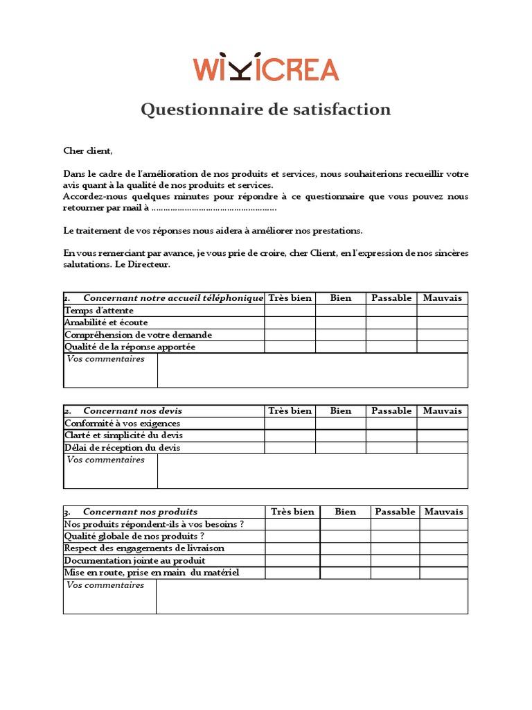 Questionnaire de Satisfaction Client | PDF