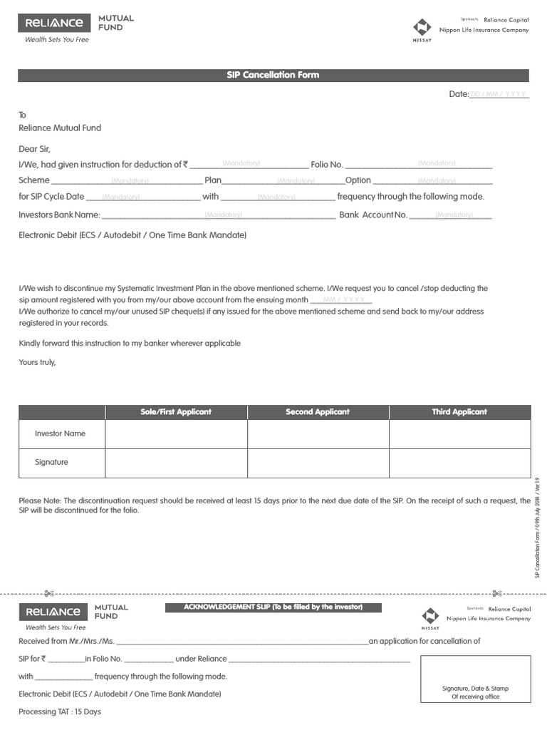 Reliance MF - SIP Cancellation Form PDF | PDF | Banks | Investing