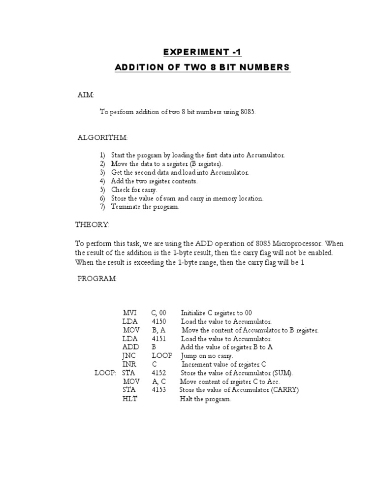 Experiment - 1 Addition of Two 8 Bit Numbers | PDF | Binary Coded Decimal | Pointer (Computer ...