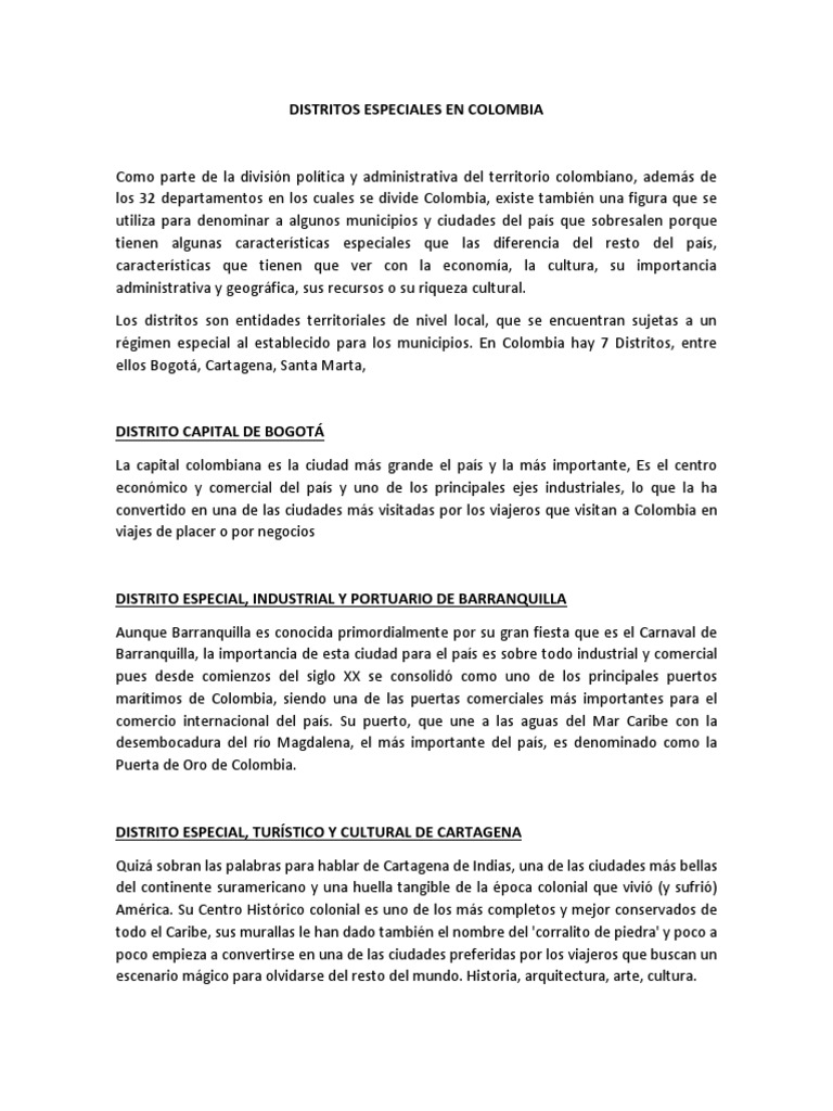 Distritos Especiales de Colombia | PDF | Colombia | Bogotá