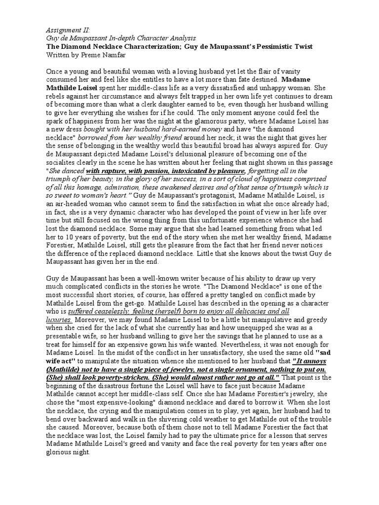 Characterization Analysis - The Necklace by Guy de Maupassant | PDF