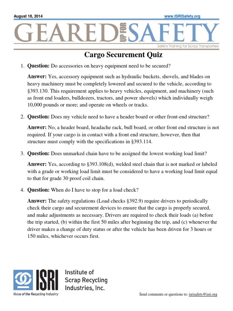 Cargo Securement Quiz | Download Free PDF | Heavy Equipment | Loader ...