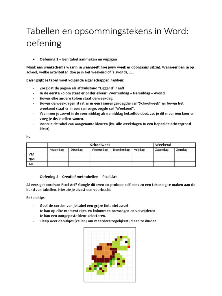 Tabellen en Opsomming in Word Oefening | PDF