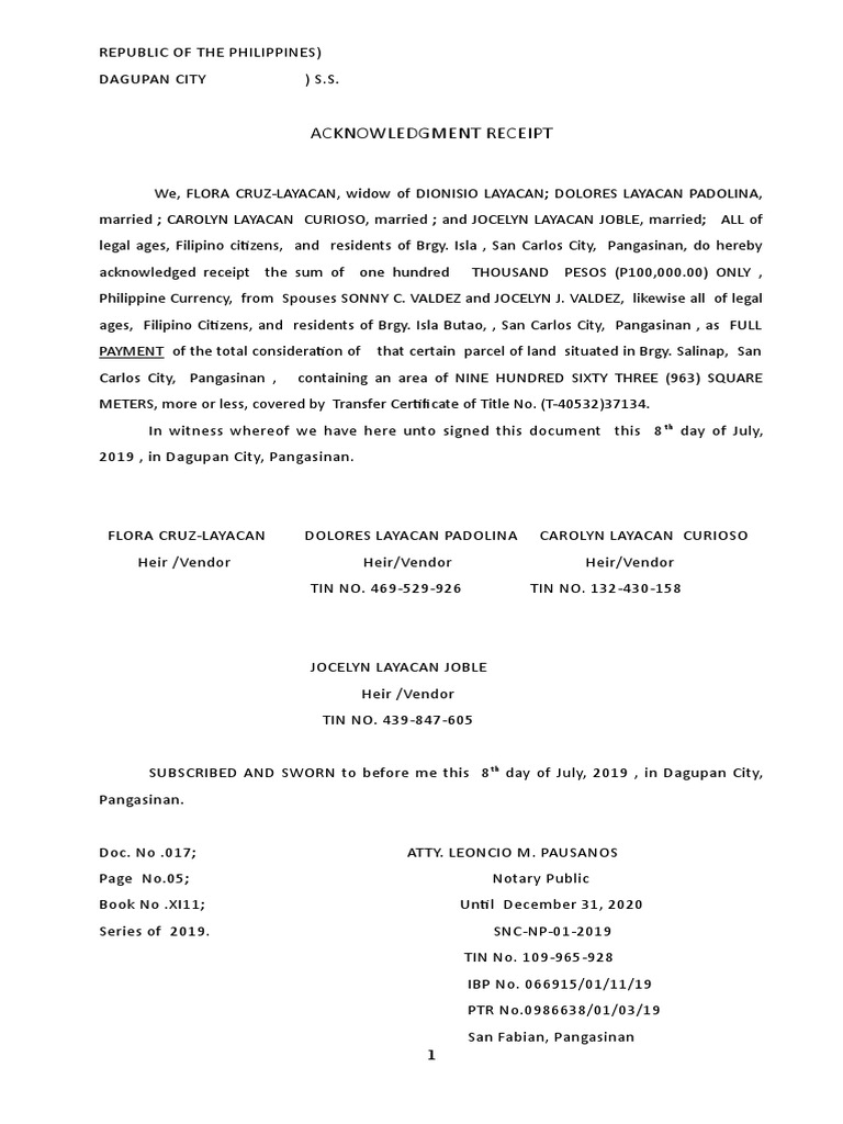 Philippines Land Receipt Acknowledgment Dagupan City | PDF