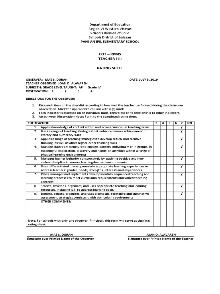 Cot - Rpms Teacher I-Iii Rating Sheet: Pani-An Ipil Elementary School ...