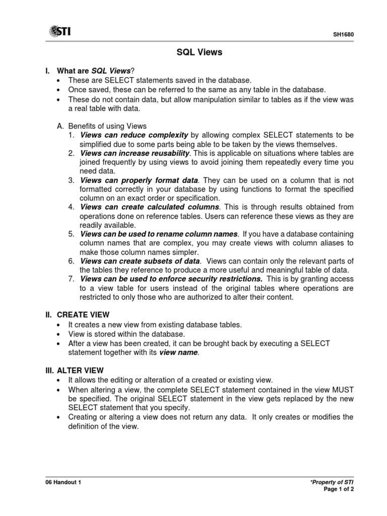 I. What Are SQL Views? | PDF | Table (Database) | Databases