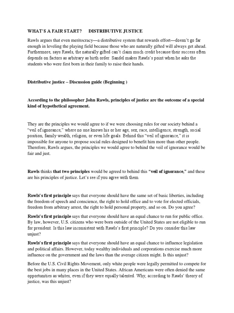 What Is Fair Start - Distributive Justice | PDF | John Rawls | Equal ...