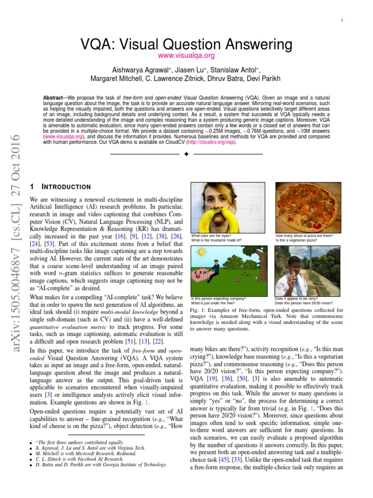 VQA: Visual Question Answering | PDF | Computer Vision | Question