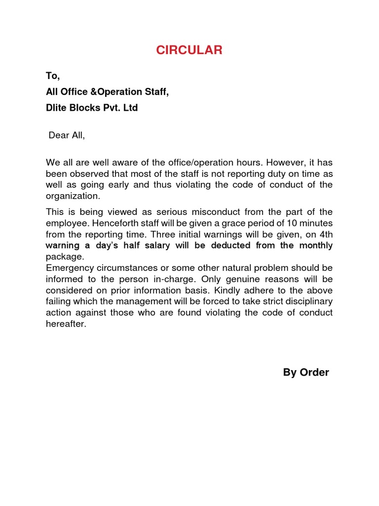 Circular: To, All Office &operation Staff, Dlite Blocks Pvt. LTD | PDF