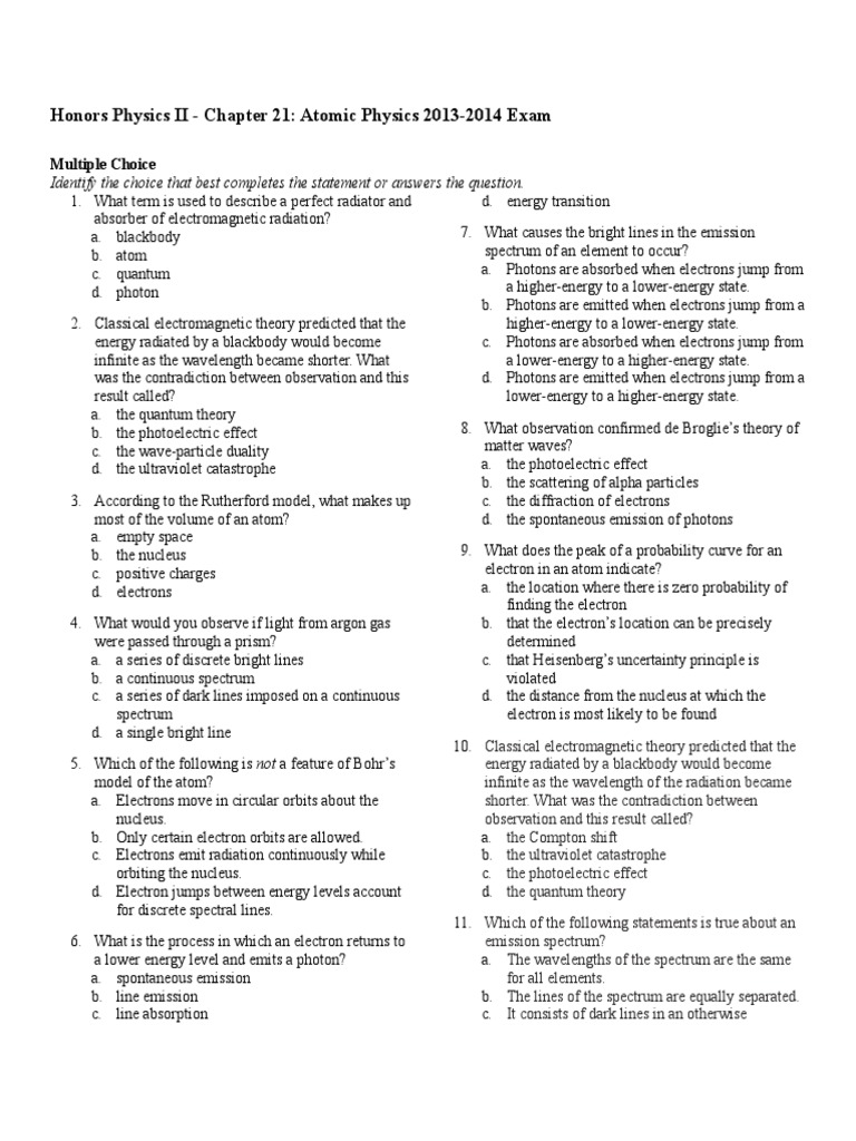 Honors Physics II - Chapter 21: Atomic Physics 2013-2014 Exam | PDF ...