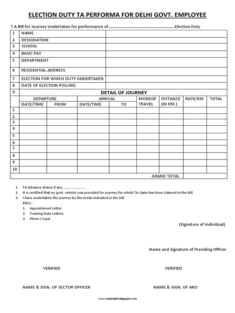 Election Duty TA Form for Delhi Employees | PDF