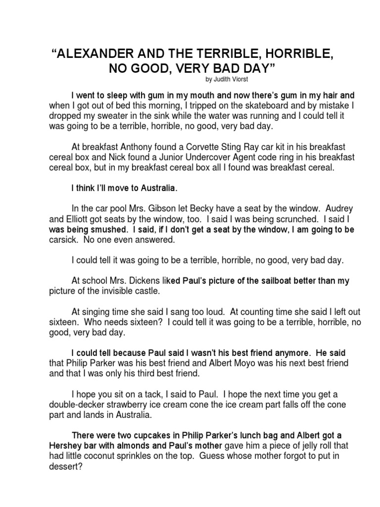 Alexander and The Terrible, Horrible, No Good, Very Bad Day | PDF ...