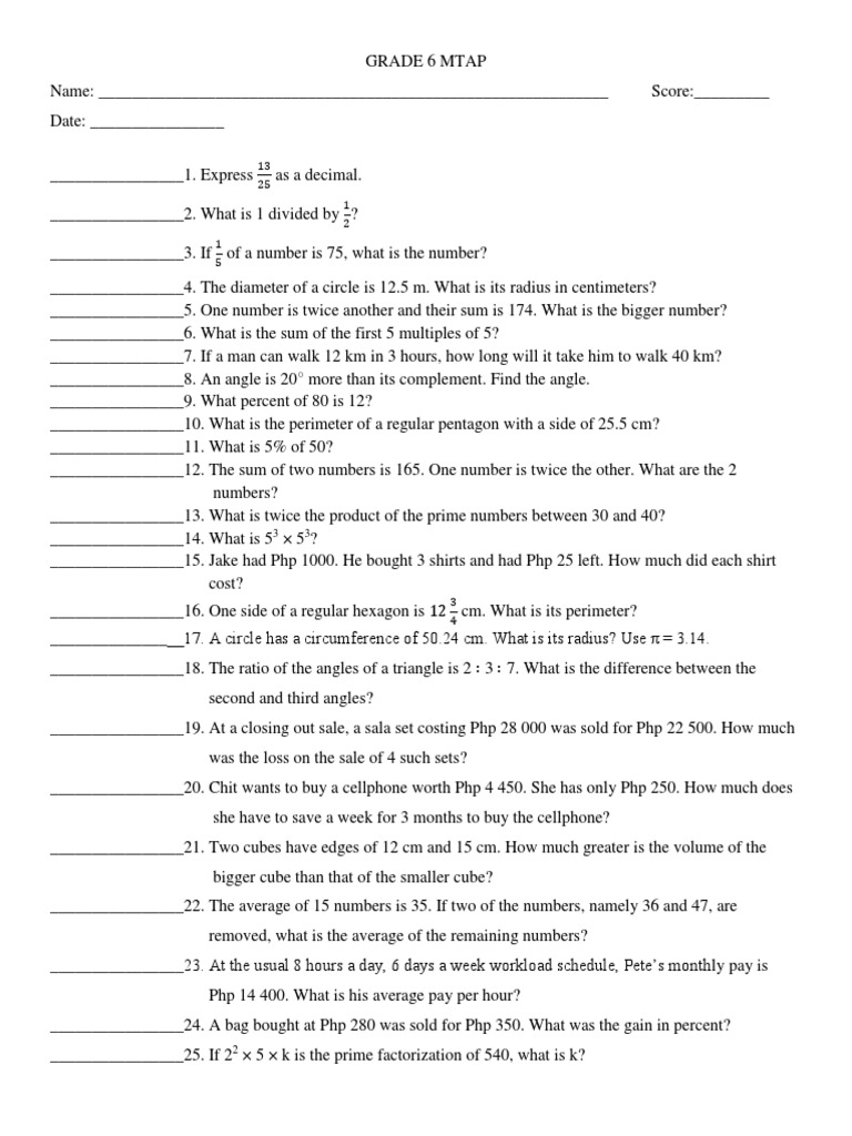 GRADE 6 MTAP Reviewers | Download Free PDF | Circle | Angle